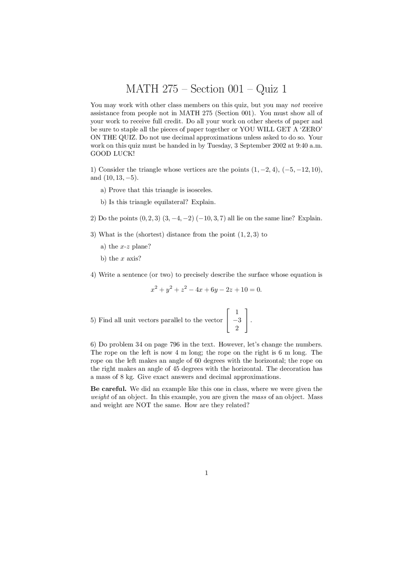 6 Questions For Quiz 1 Multivariable And Vector Calculus Math 275