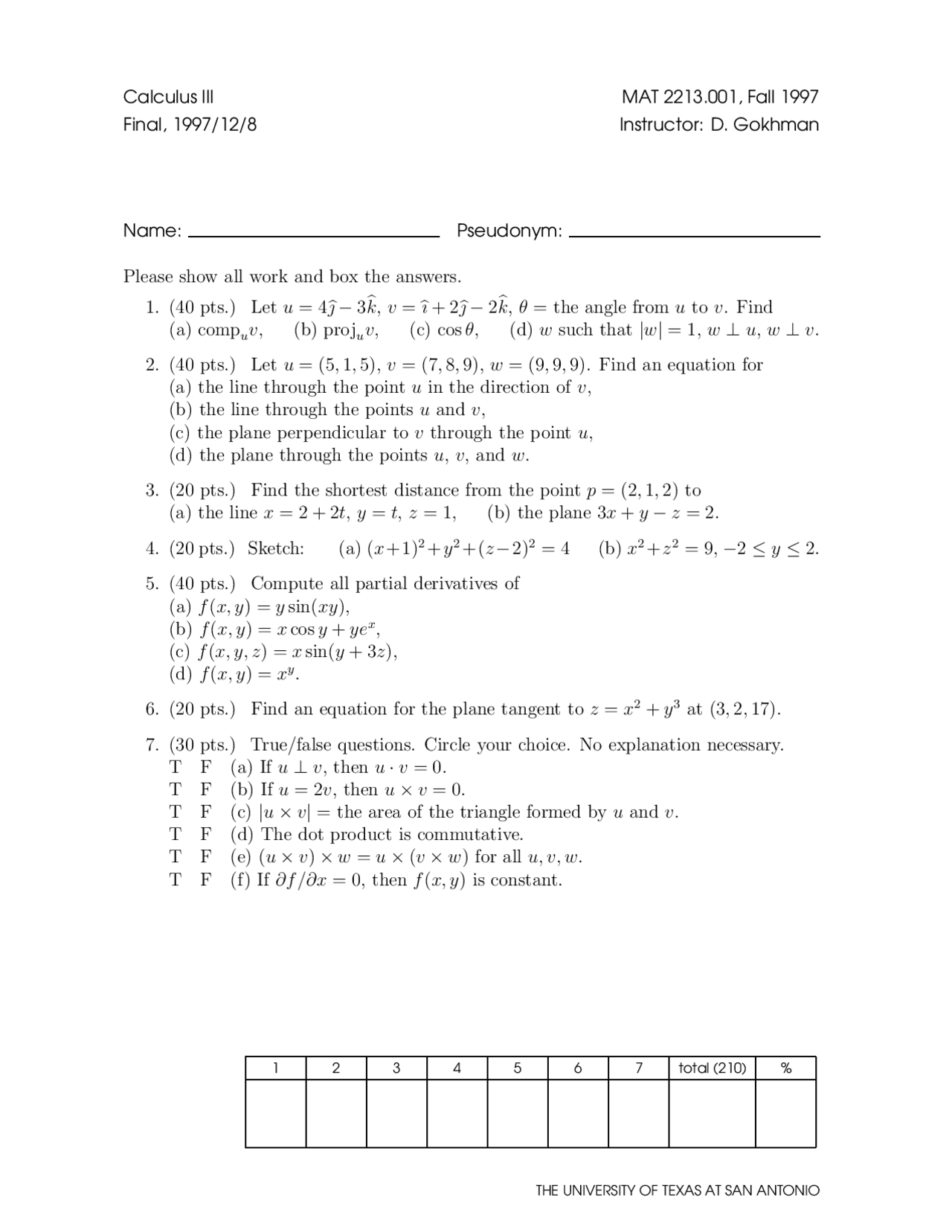 7 Questions On Partial Derivative Final Exam Mat 2213 Docsity
