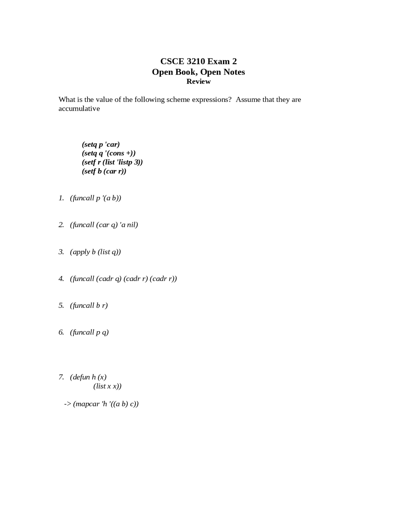 Review Sheet For Exam 2 Symbolic Processing Csce 3210 Docsity