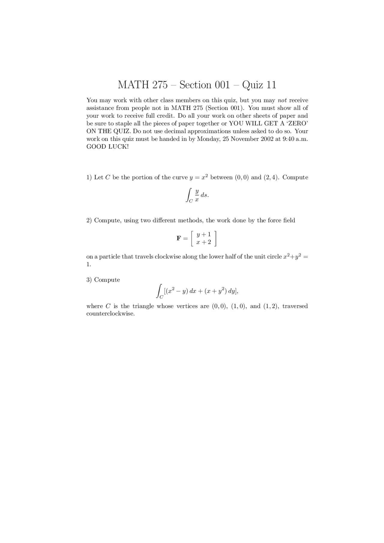 Quiz 11 Review Questions Multivariable And Vector Calculus Math 275