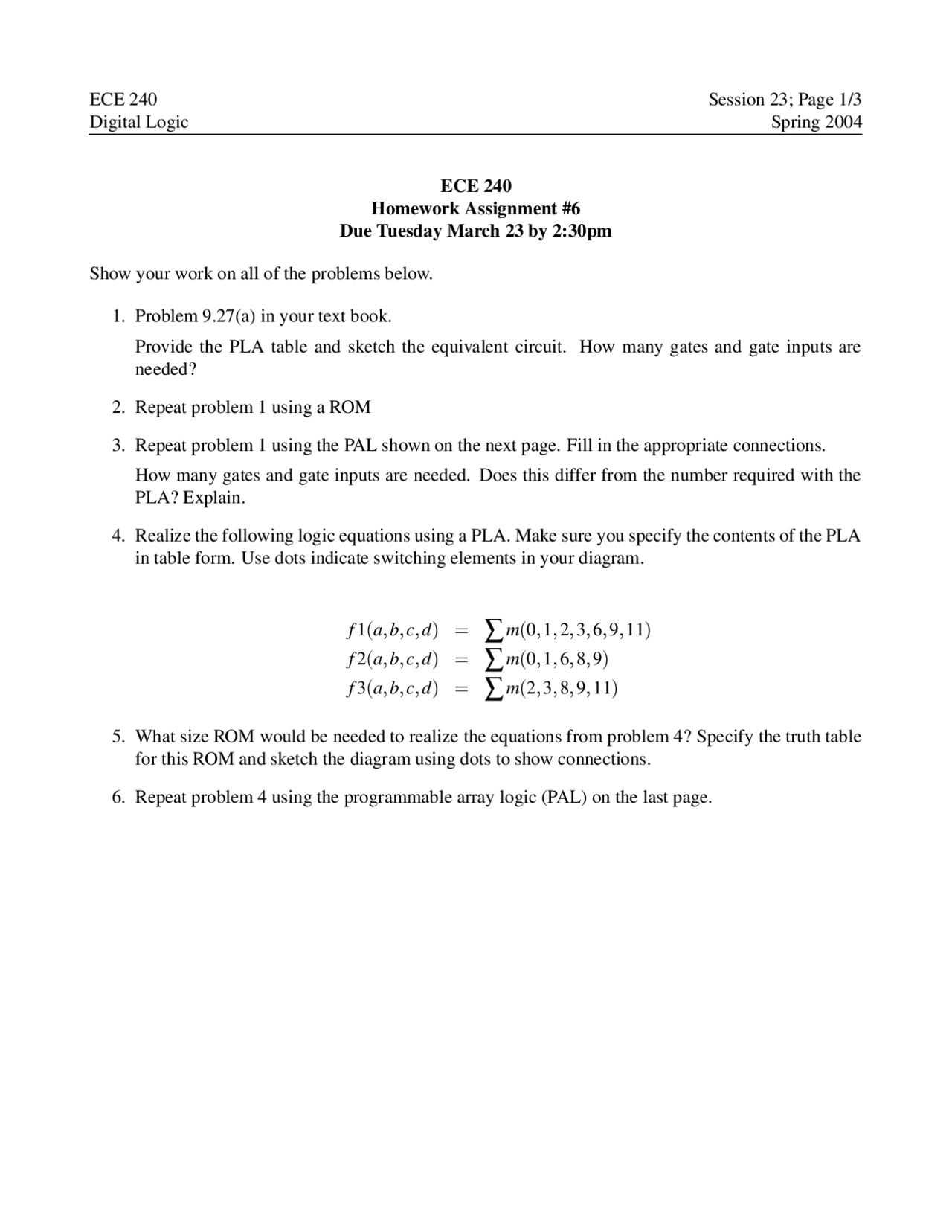 6 Questions For Assignment 6 Digital Logic Ece 240 Docsity