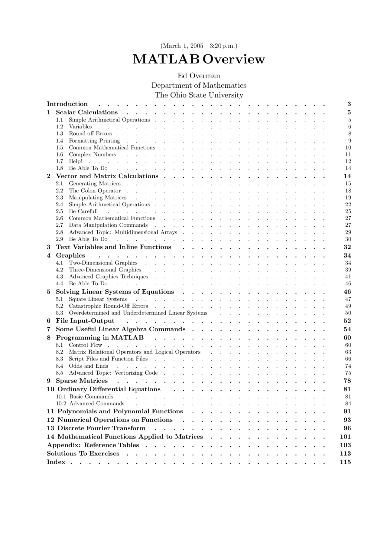 Overview Of Matlab Numerical Analysis Math 4340 Docsity