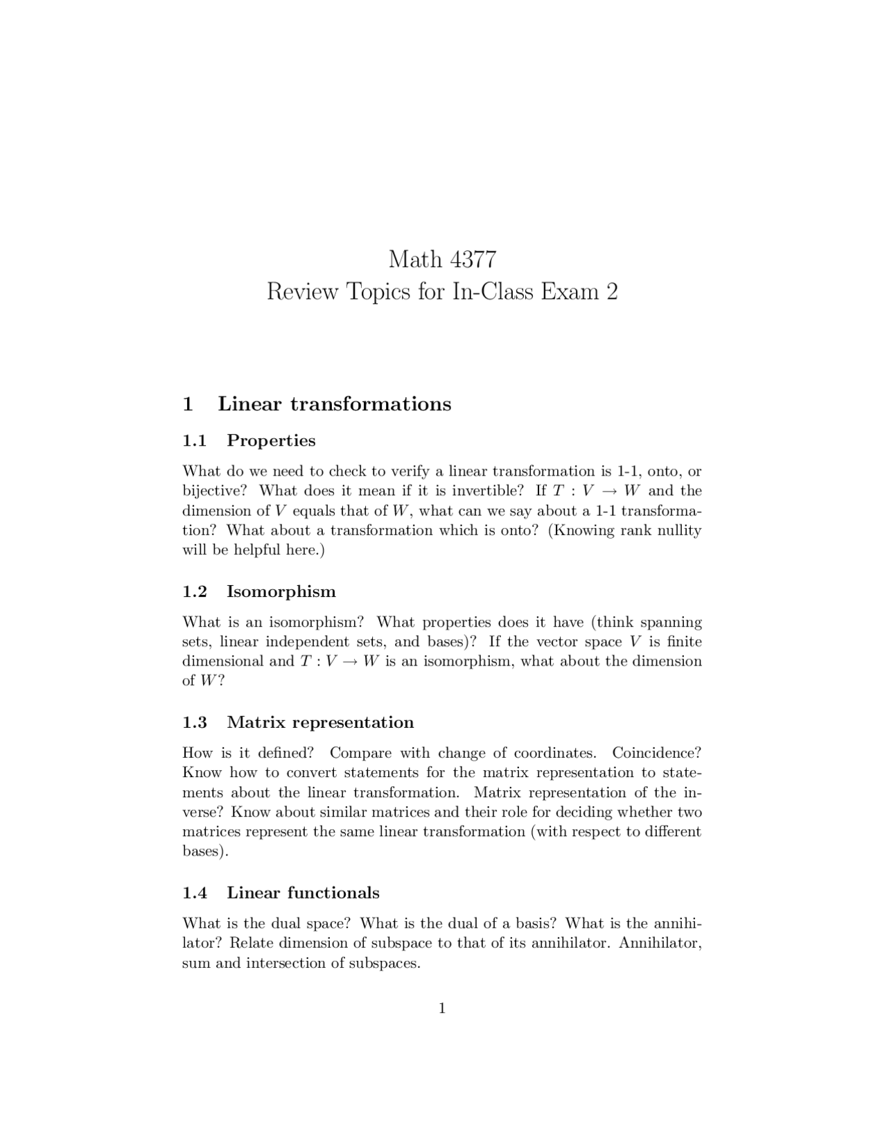 Linear Transformations Review Exam 2 Math 4377 Docsity