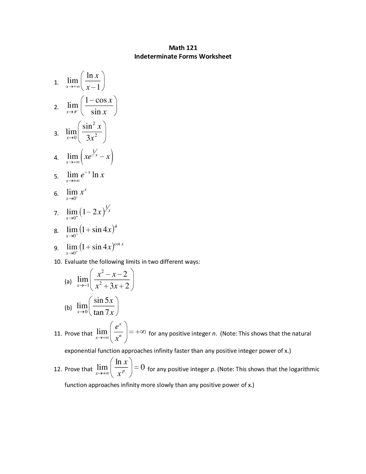 Indeterminate Forms Worksheet - Calculus I | MATH 121 - Docsity
