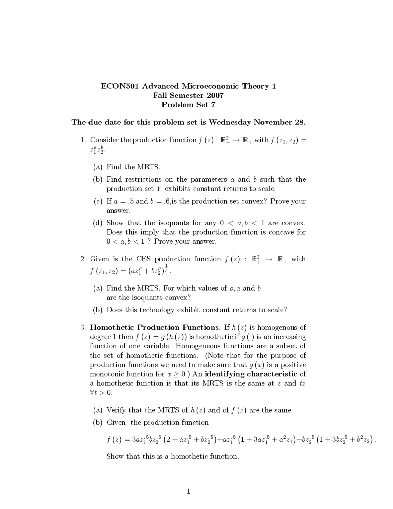 Problem Set 7 for Advanced Microeconomic Theory I | ECON 501 - Docsity