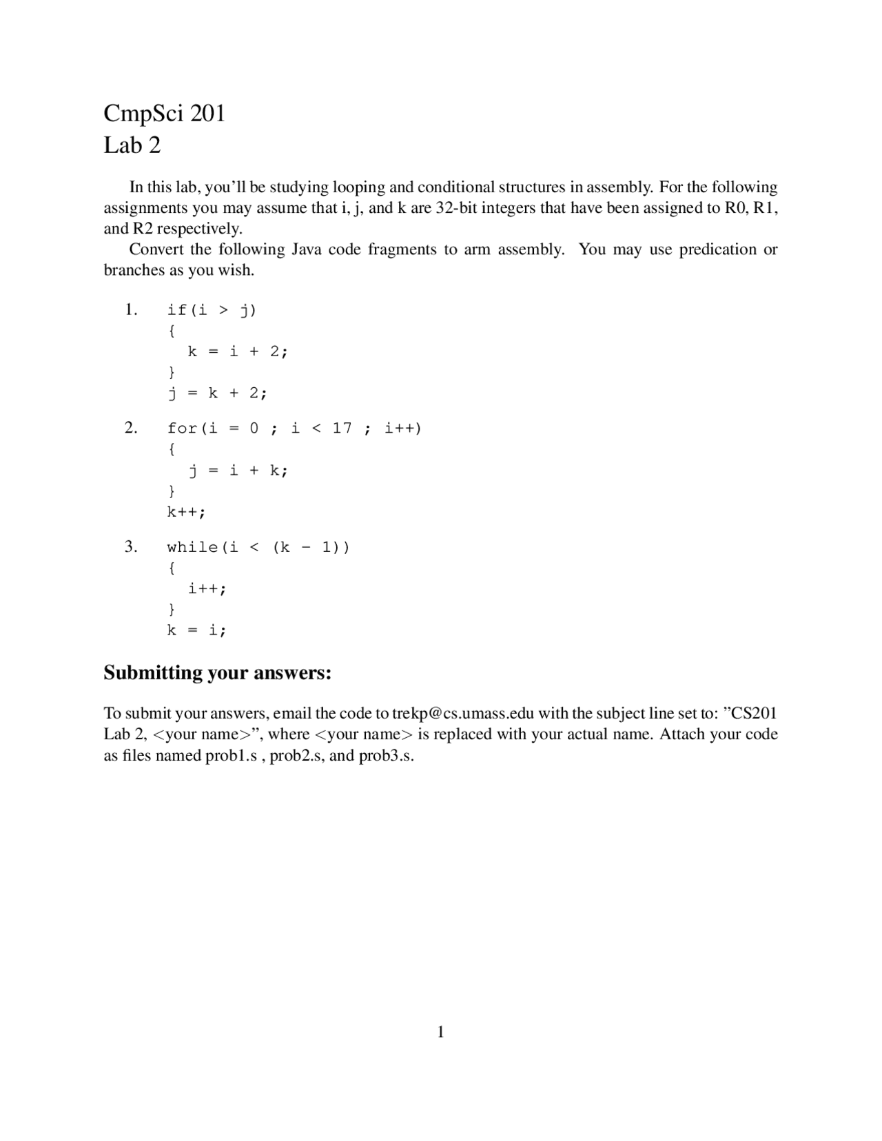 Lab 2 Questions Architecture And Assembly Language Cmpsci 201 Lab Reports Computer Science