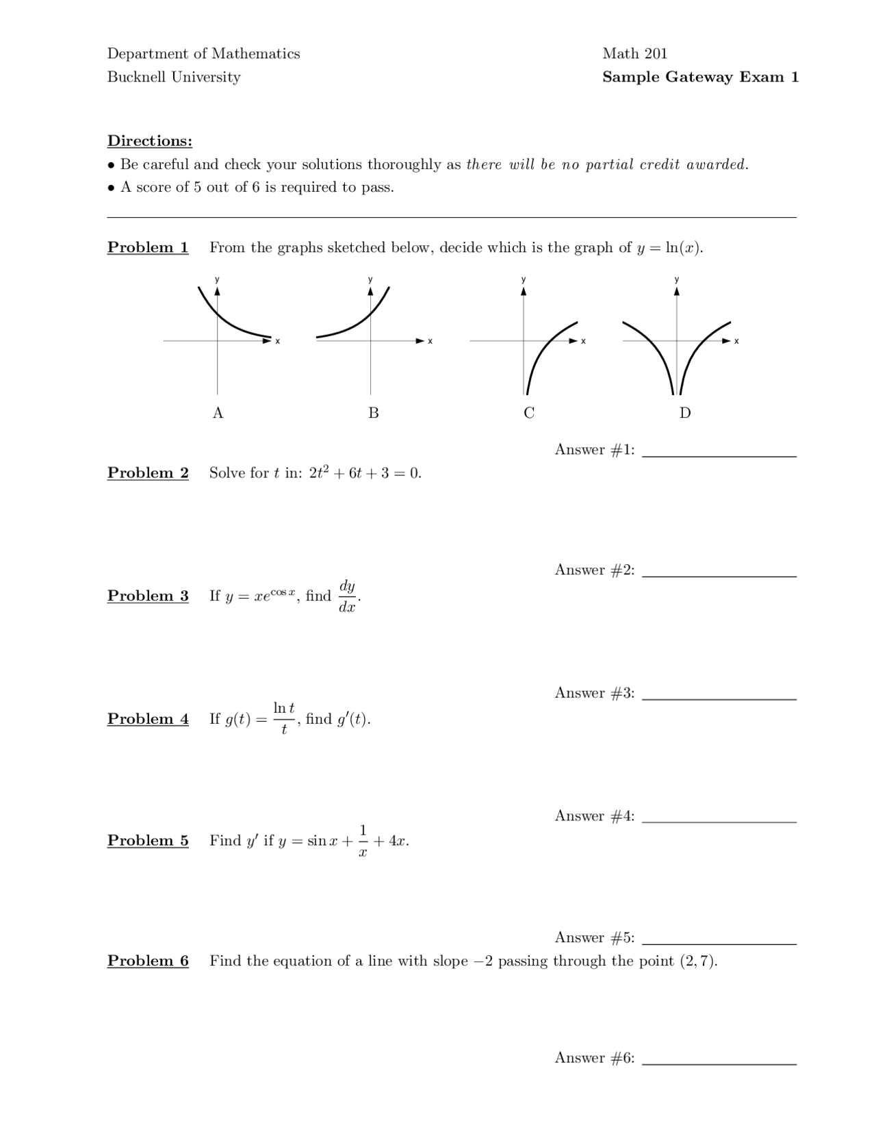 6 Problems For Sample Gateway Exam 1 Calculus I Math 201 Docsity