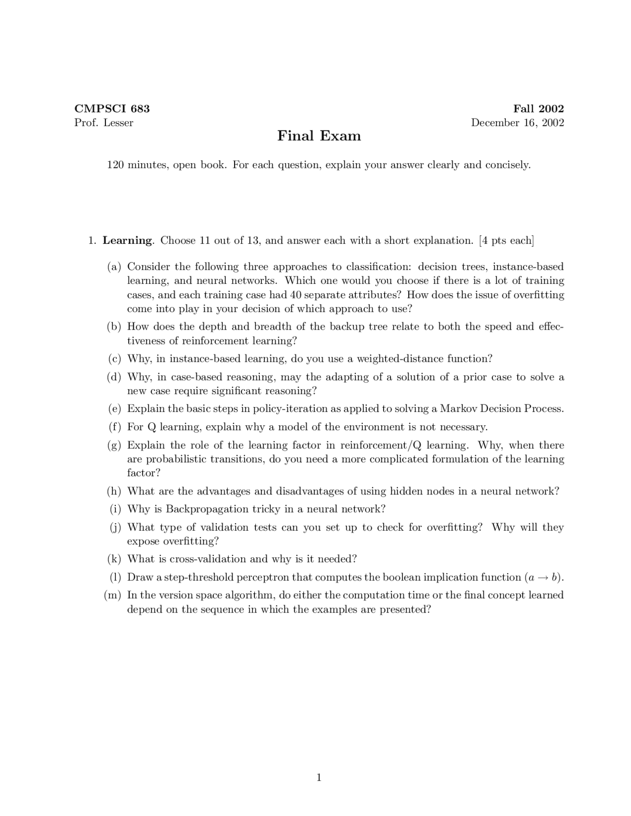 Practice Final Exam - Artificial Intelligence | CMPSCI 683 | Exams Computer Science | Docsity