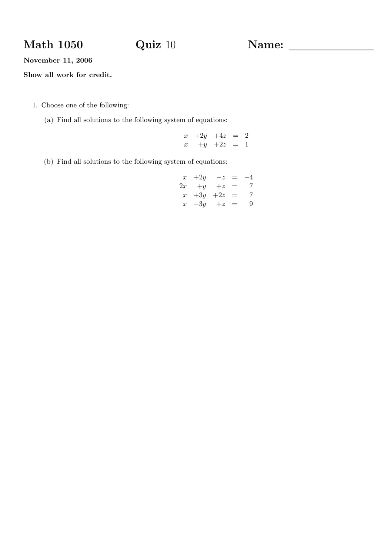 System of Equations - Finite Math - Quiz 10 | MATH 1050 - Docsity