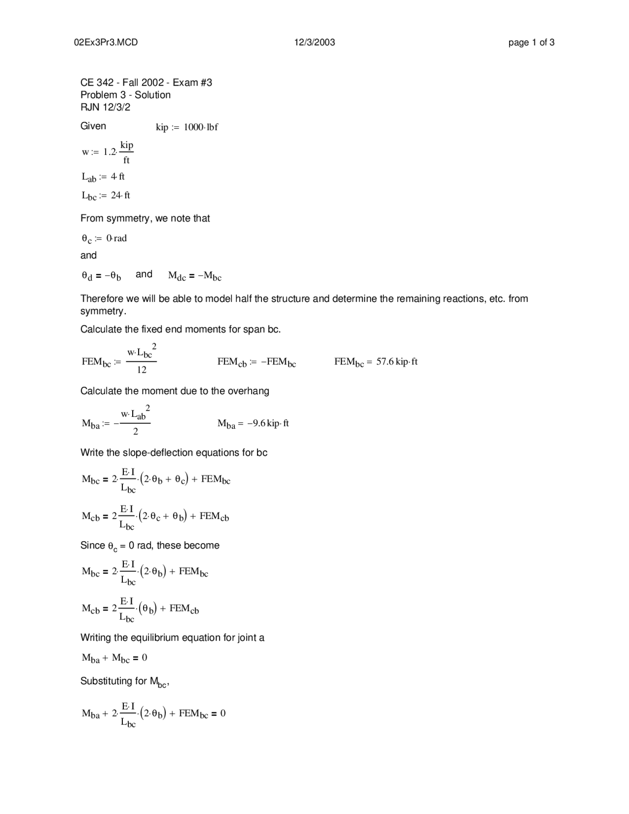 Theory Of Structures Solved Exam 3 Ce 342 Docsity