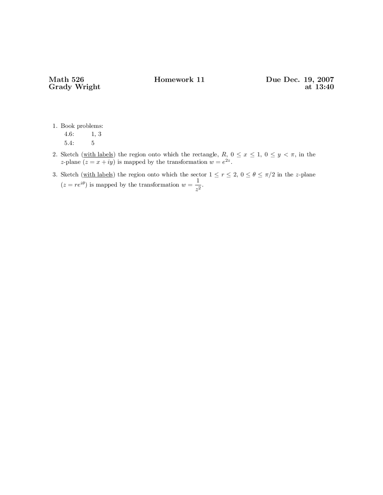 Homework 11 With 3 Practice Problems On Complex Variables Math 526 Docsity