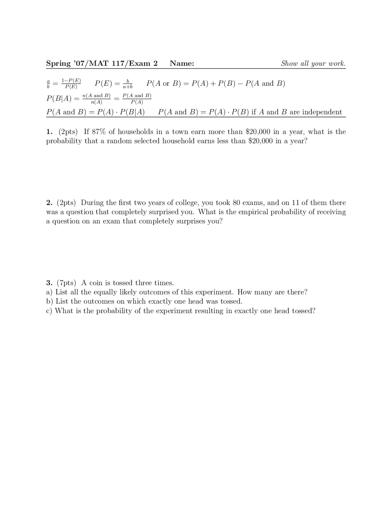 Exam 2 For Mathematical Concepts Mat 117 Docsity