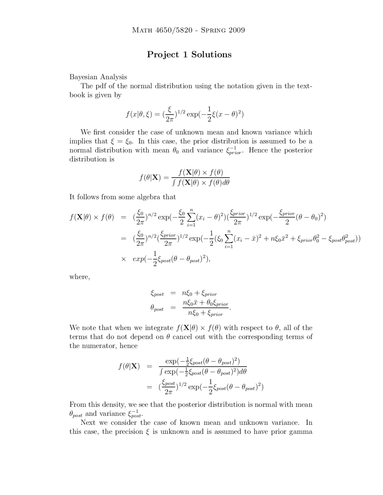 Bayesian Analysis Project 1 Solutions Statistics Math 4650 Docsity