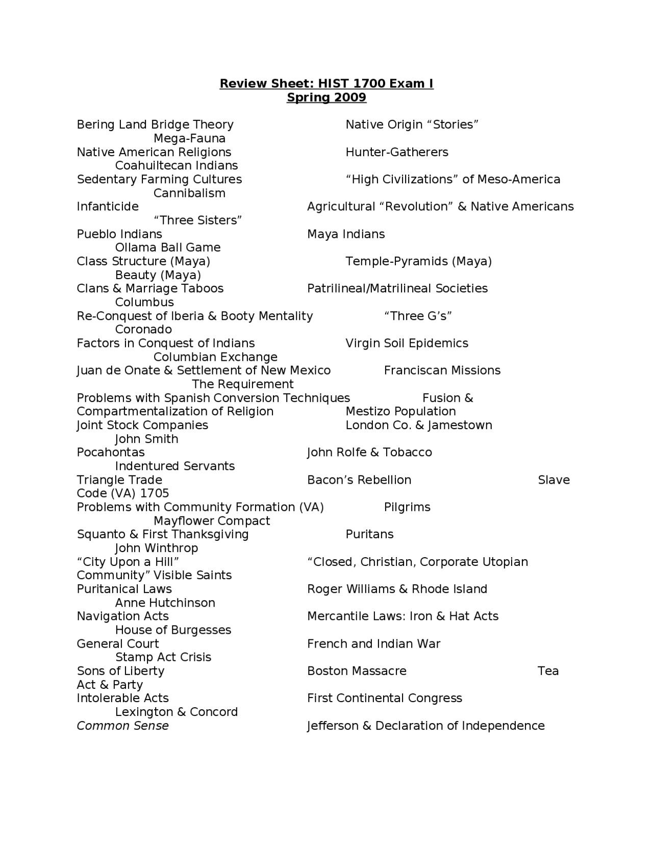 Study Guide of American Civilization for Exam 1 | HIST 1700 - Docsity