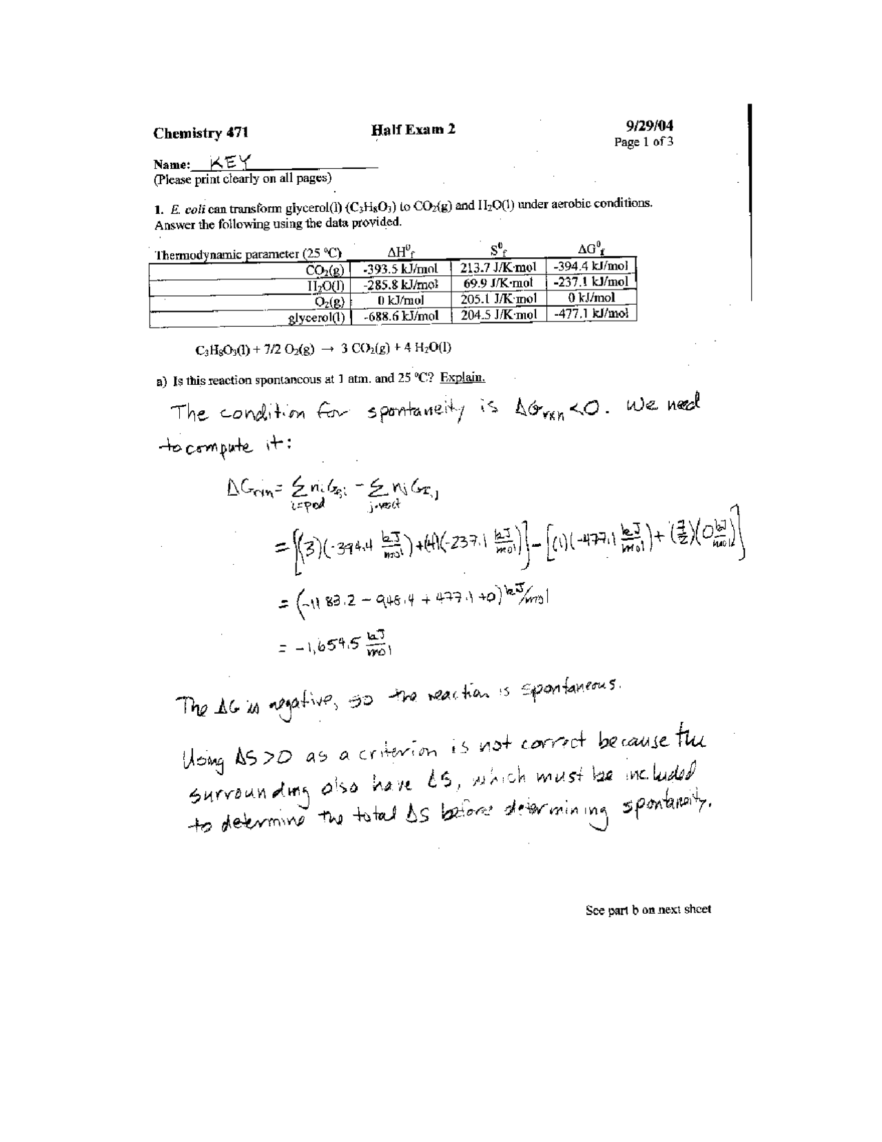 Elementary Physical Chemistry - Test II Solutions | CHEM 471 - Docsity