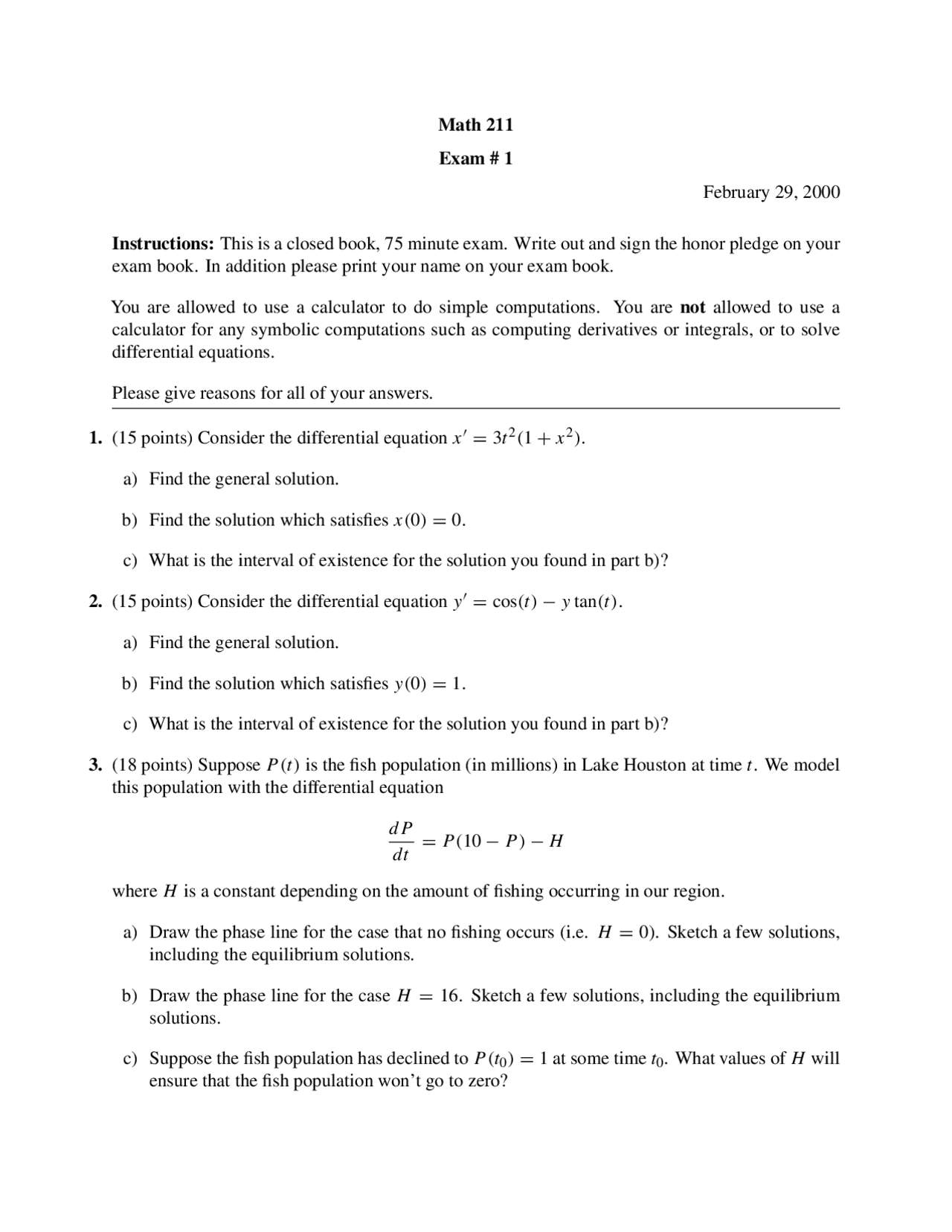 7 Questions Exam 1 Ordinary Differential Equations Math 211 Docsity