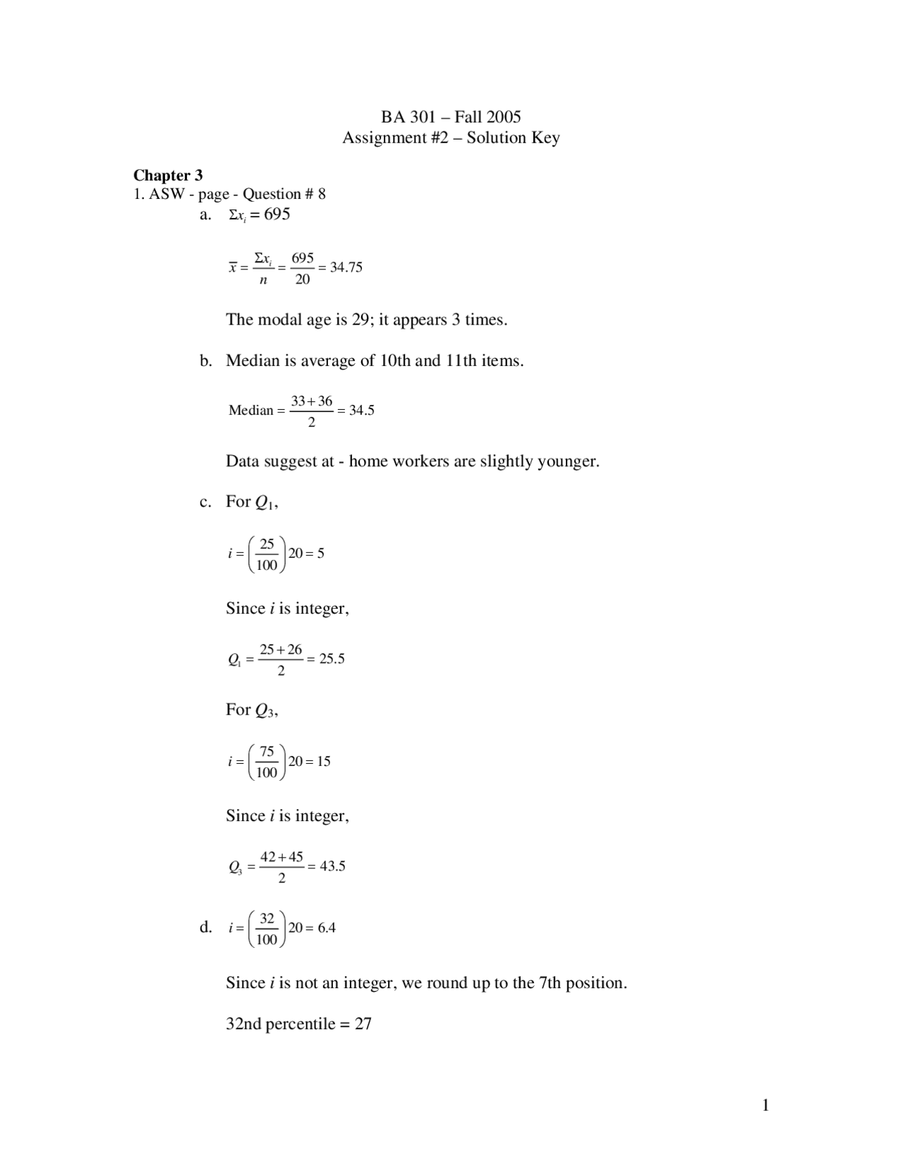 Statistics Assignment Solutions Fall 2005 Assignments Statistics Docsity