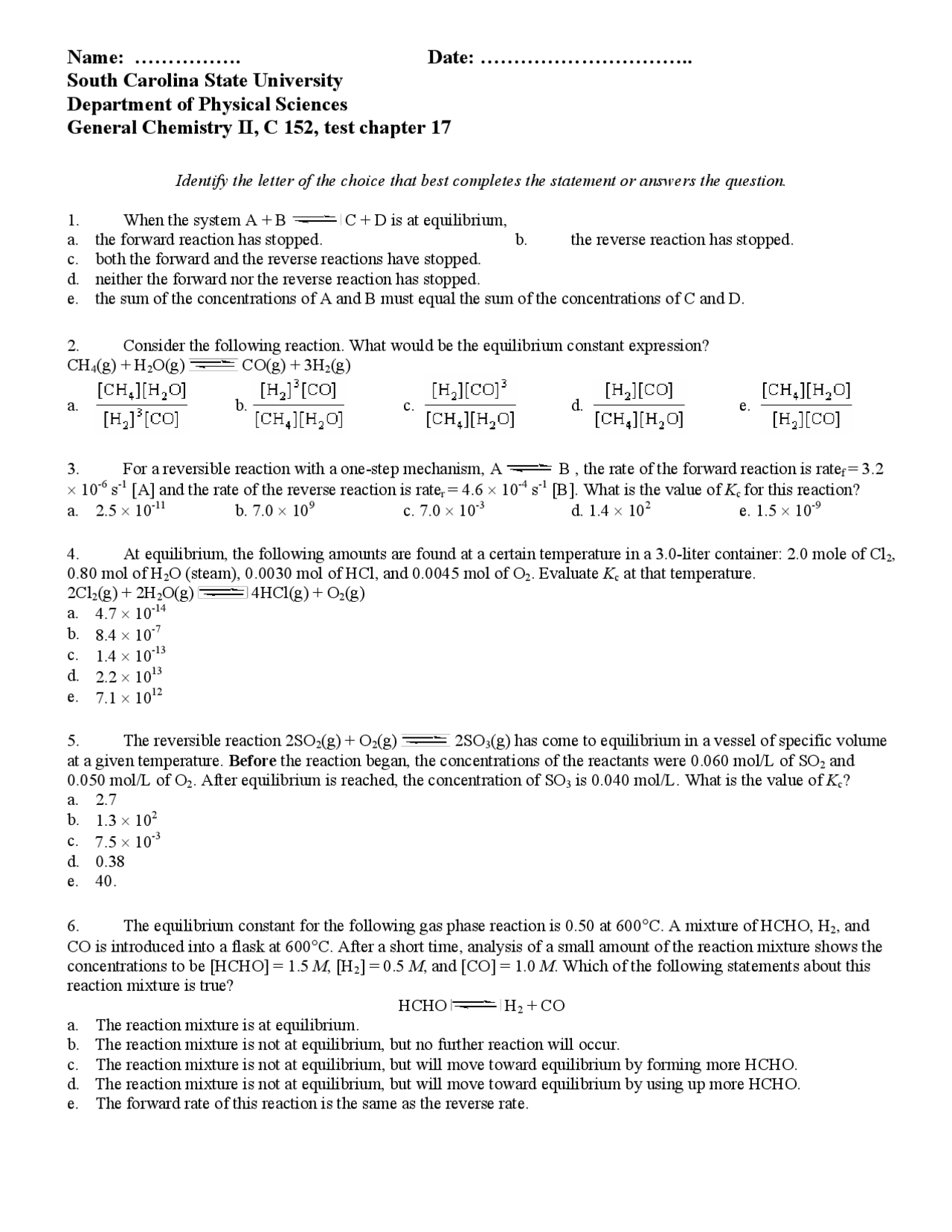 14 Multiple Choice Questions on General Chemistry II - Examination 17 ...