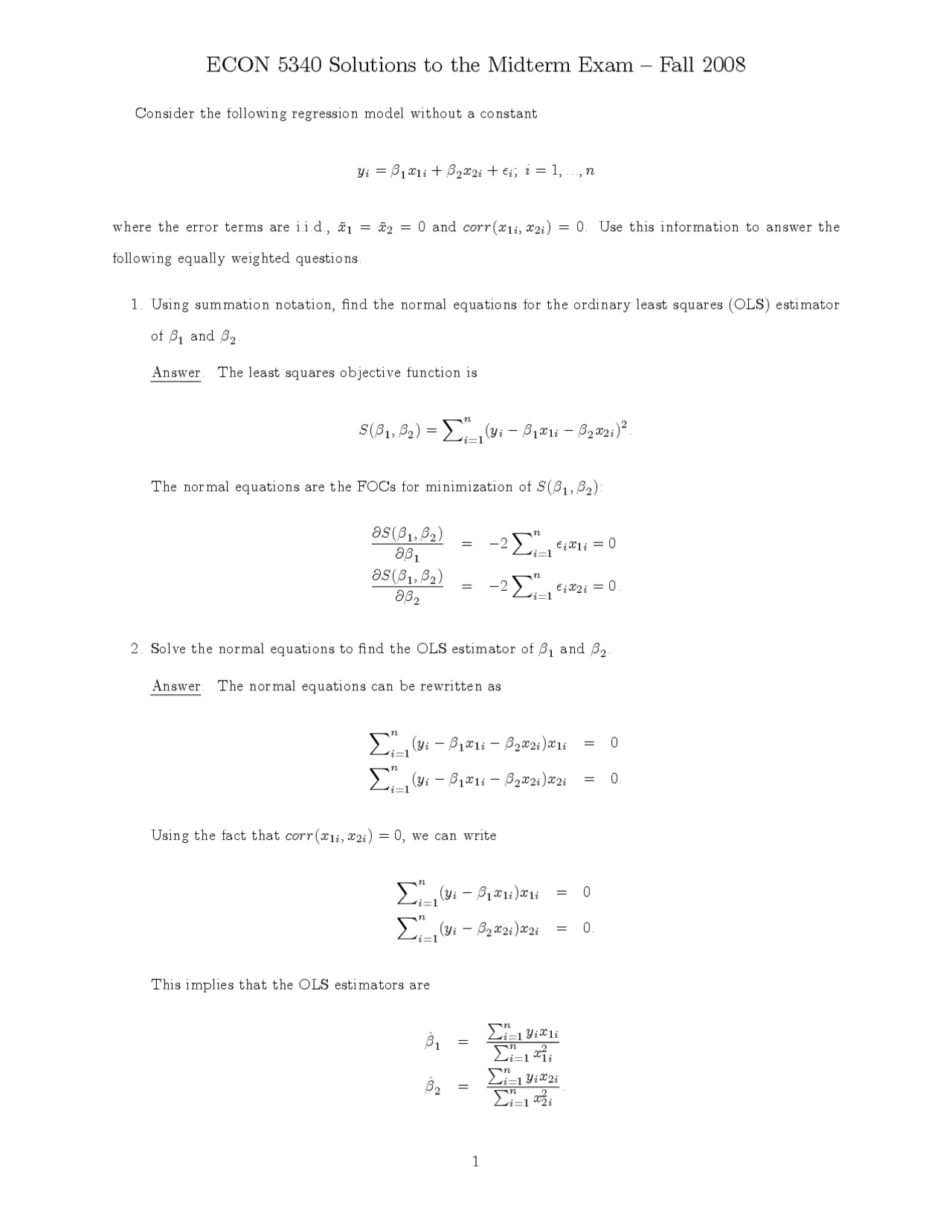 10 Solved Questions Midterm Exam - Advanced Econometric Theory | ECON 5350 | Exams Econometrics ...