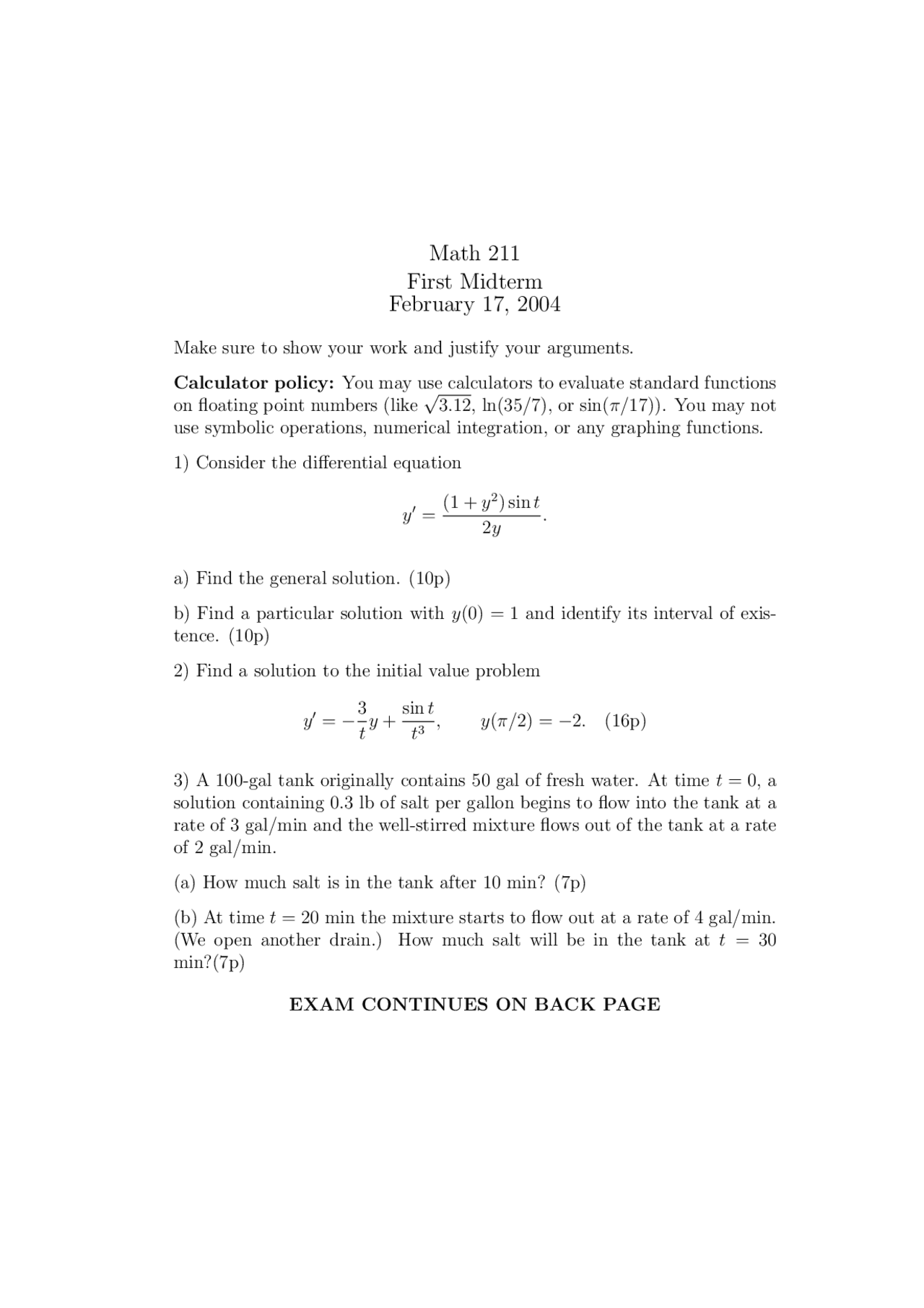 Math 211 Midterm Exam Solutions | Exams Differential Equations | Docsity