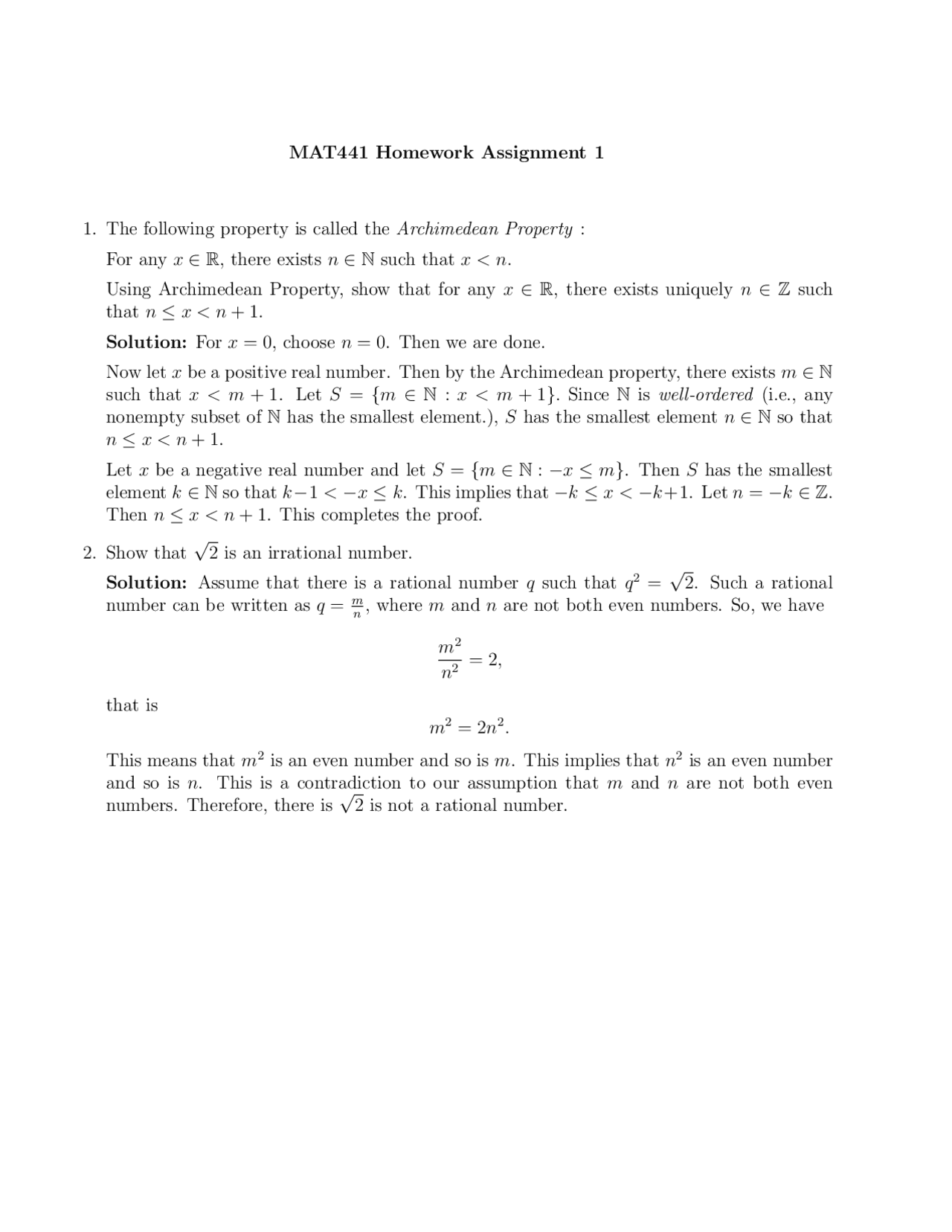 Solved Questions For Assignment 1 Advanced Calculus I Mat 441 Docsity