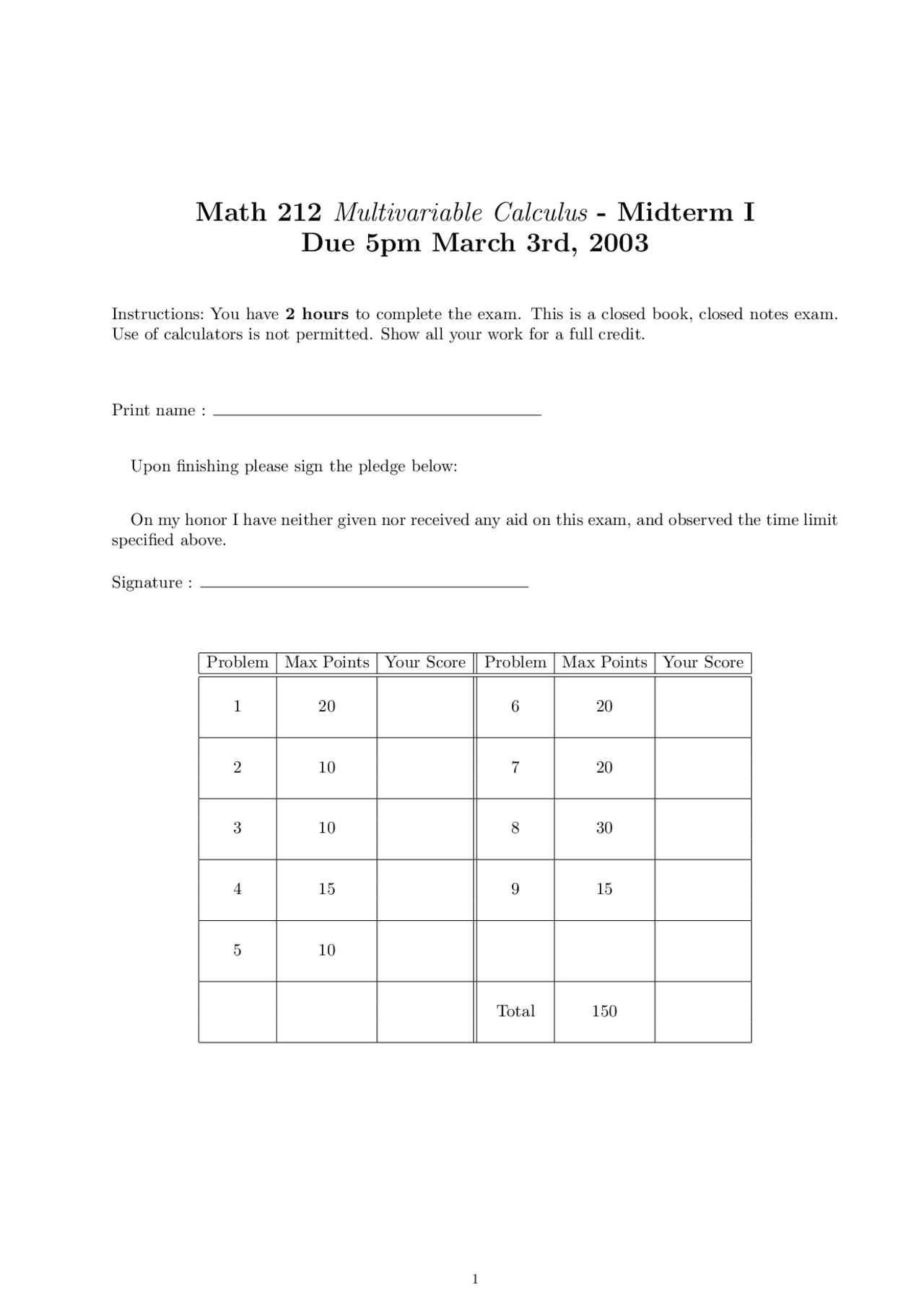 Math 212 Midterm I - Multivariable Calculus Exam | Exams Calculus | Docsity