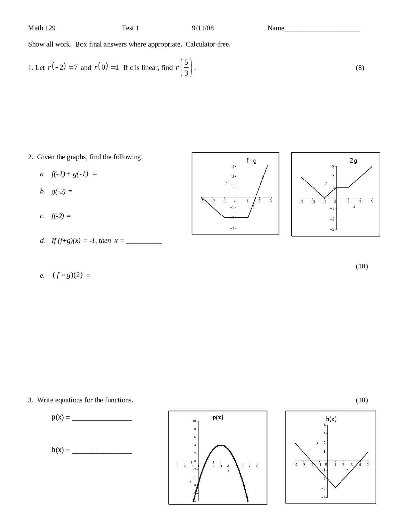 11 Questions To Perform The Operation Functions Exam Math 129 Docsity