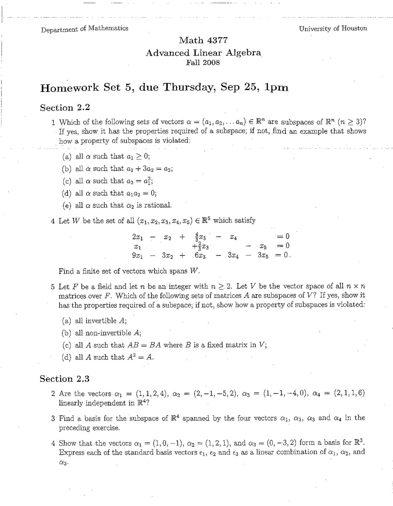 Advanced Linear Algebra I Solutions For Homework Set 5 Math 4377