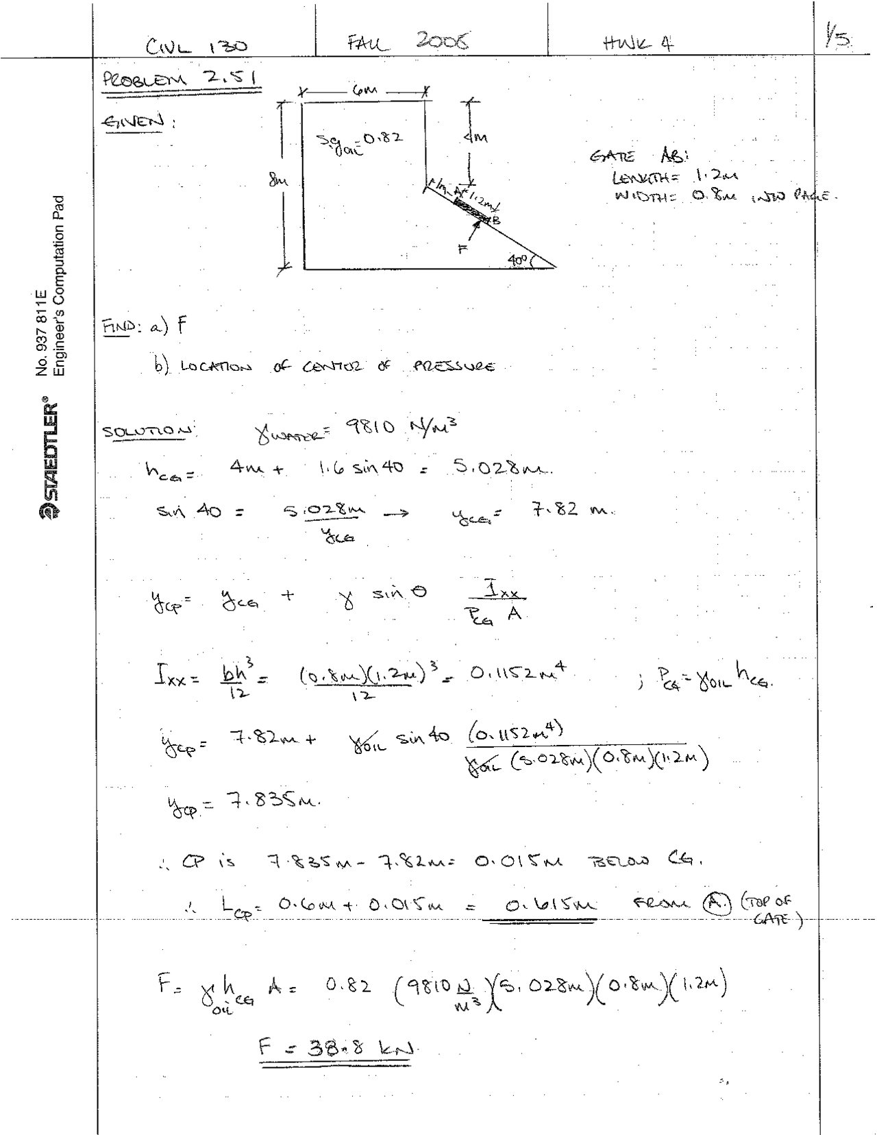 5 Solved Problems on Fluid Mechanics l - Assignment 4 | CIVL 130 - Docsity