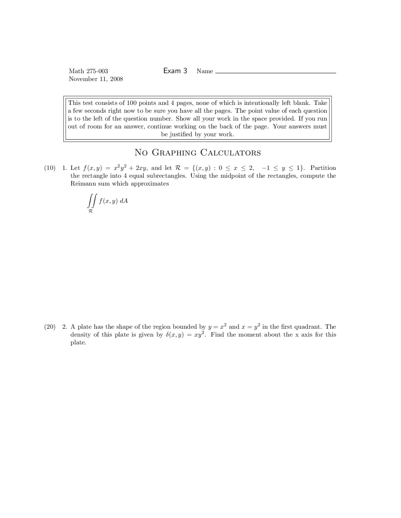 Practice Exam 3 Multivariable And Vector Calculus Fall 2008 Math