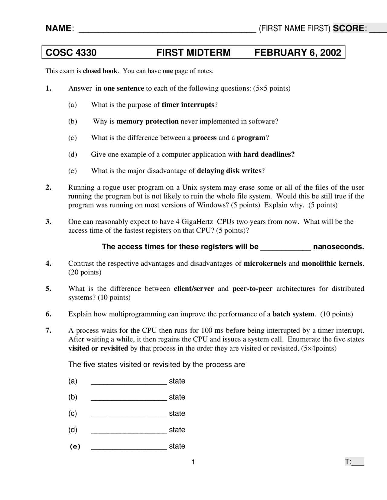 Cosc 4330 First Midterm Exam Questions And Answers Prof Jehan Francois Paris Exams Computer