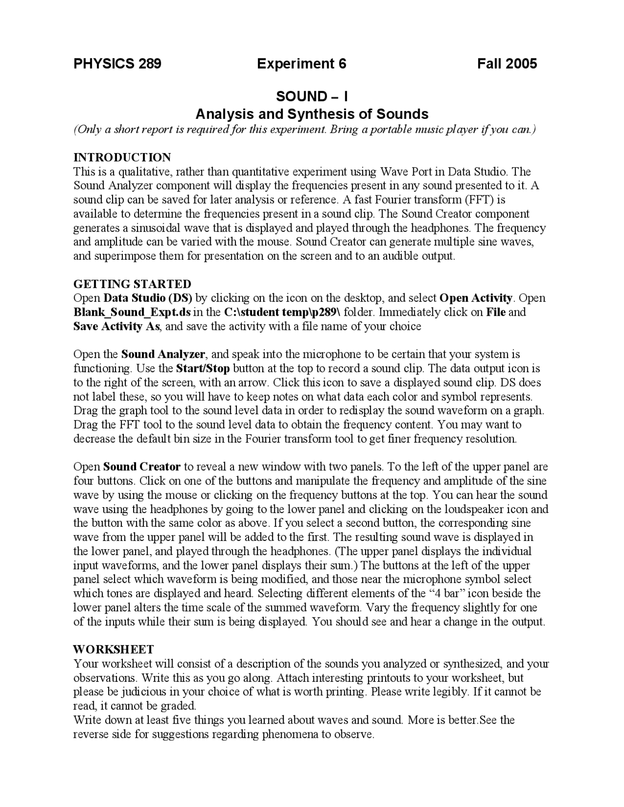 Experiment 6: Sound Analysis and Synthesis in PHYSICS 289 | Study notes ...