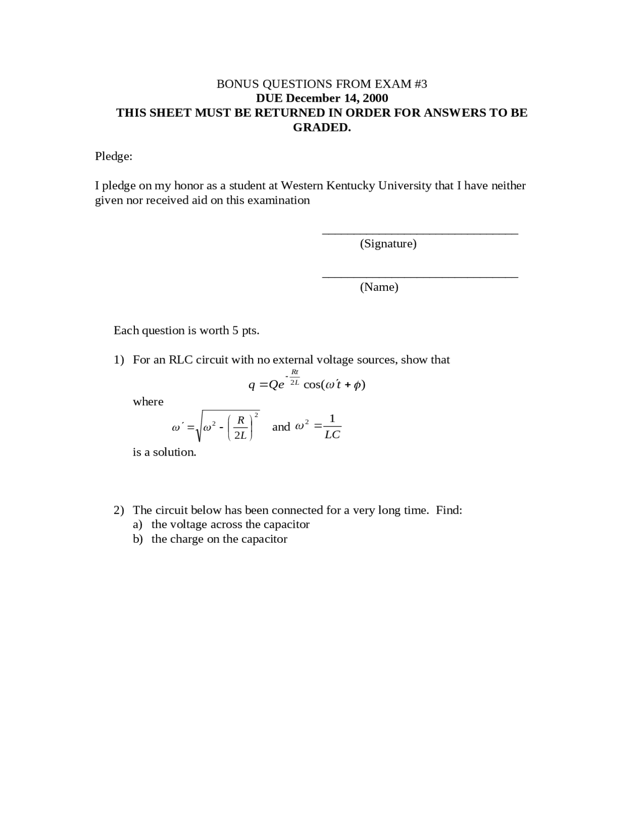 Exam 3 Questions Introduction Electricity And Magnetism Phys 260