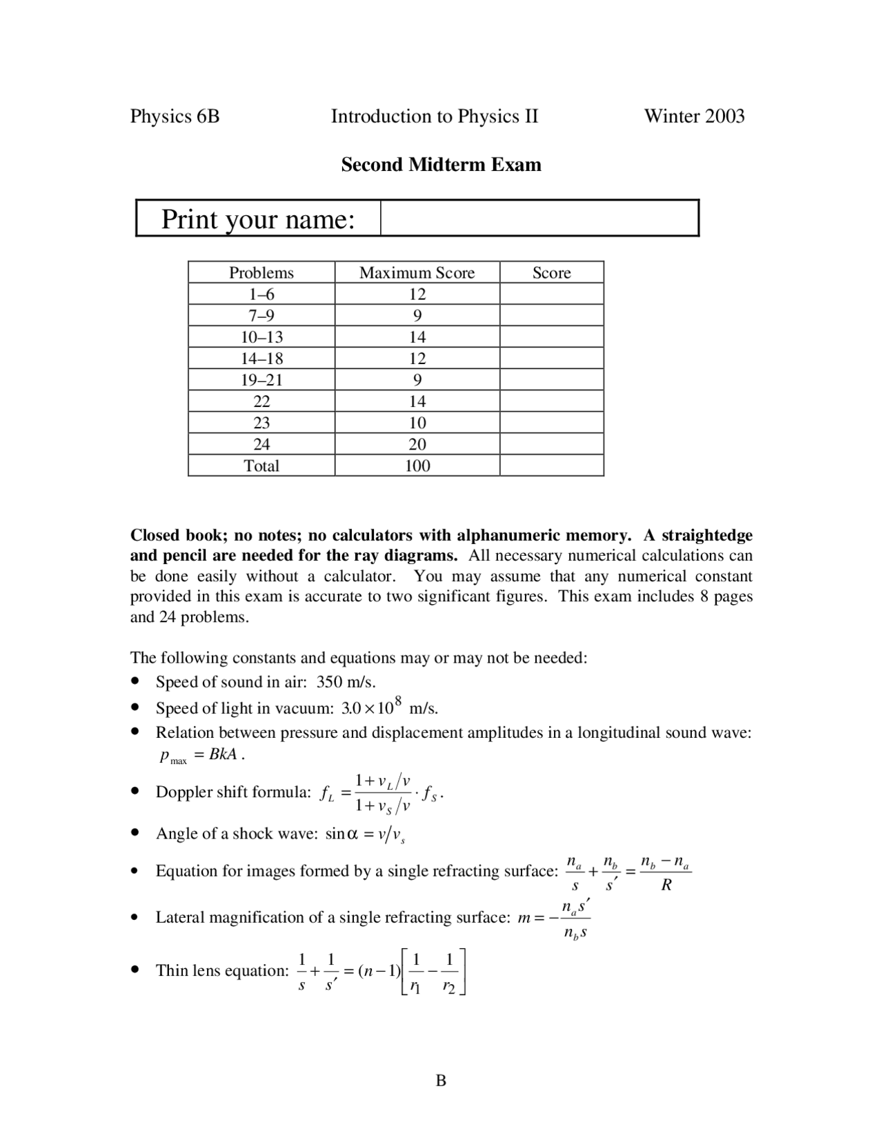 Second Midterm Exam Questions Introductory Physics I Fall 2003
