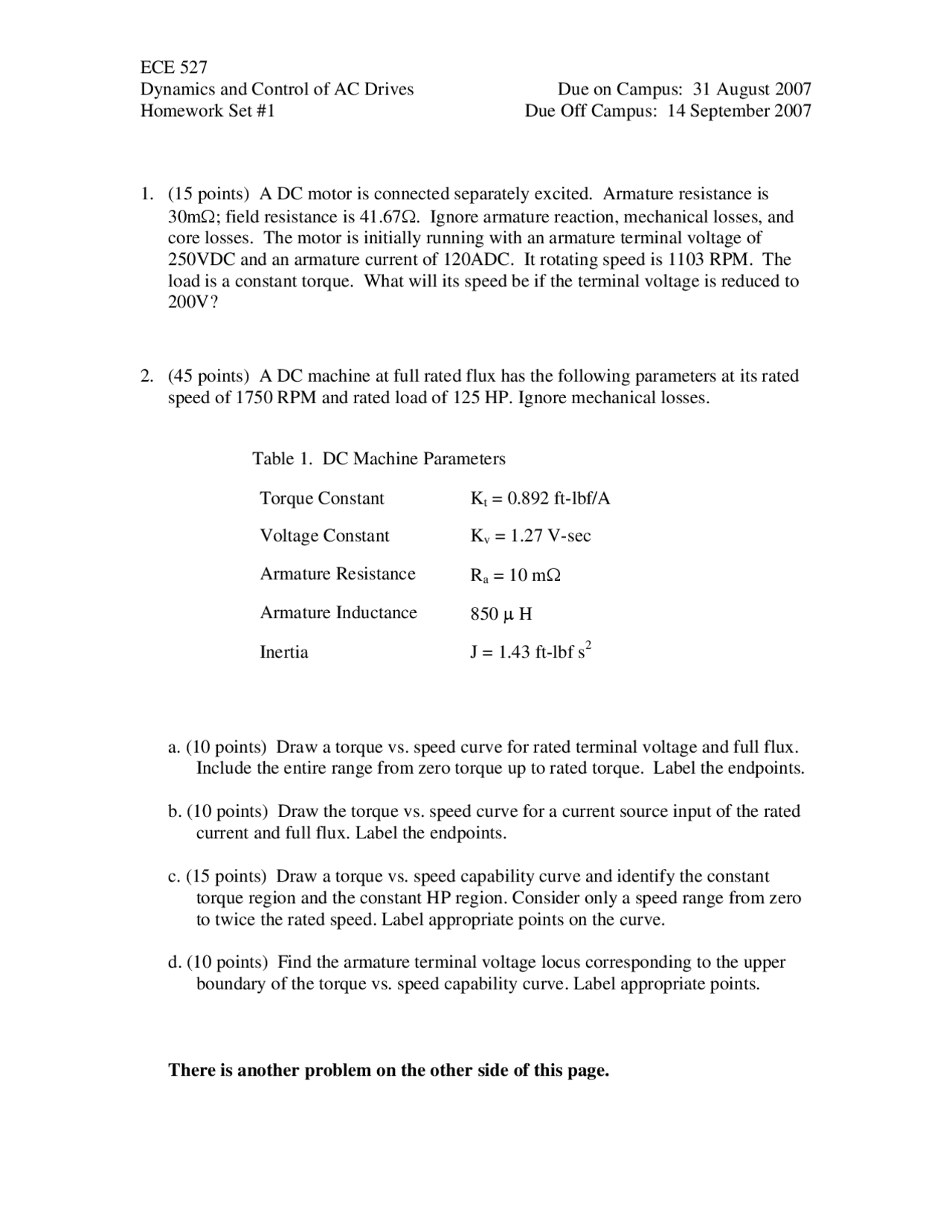 Dynamics And Control Of Ac Drives Homework Set 1 Ece 527 Docsity