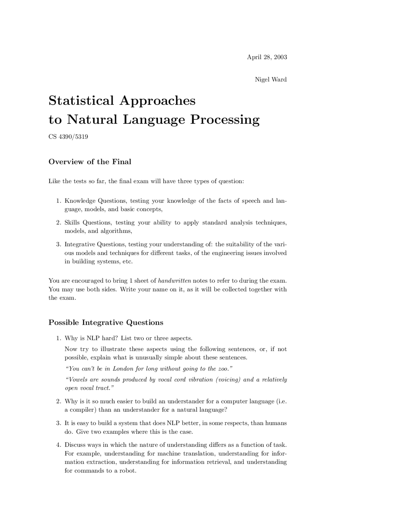 Notes On Statistical Approaches To Natural Languages Processing Cs