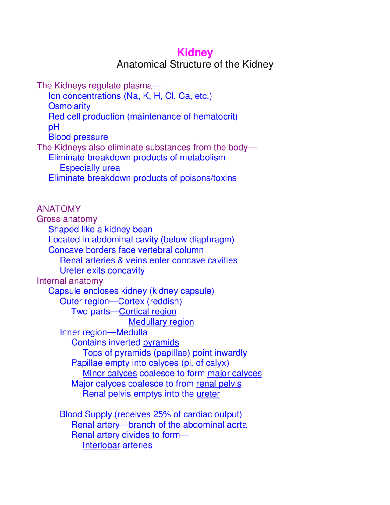 Lecture Slides on Kidney - Human Physiology | BIOS 355 - Docsity