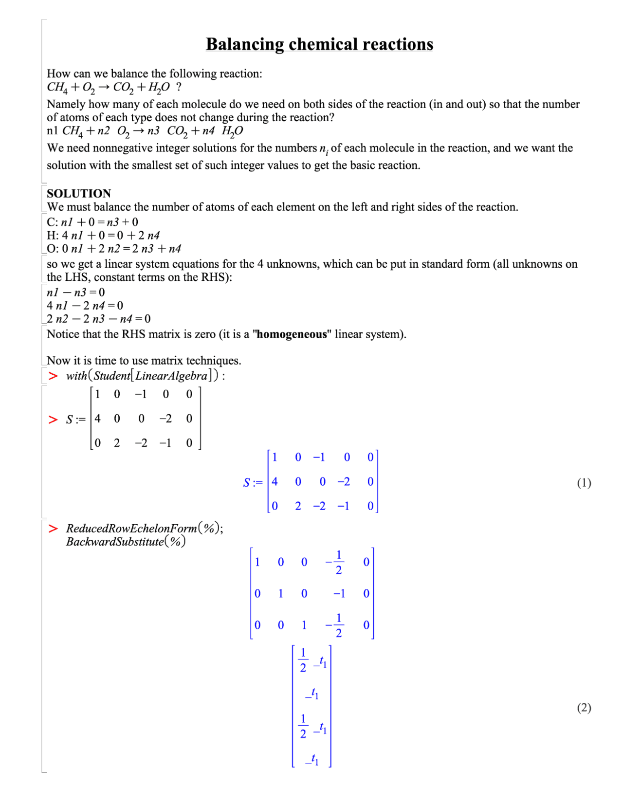 Balancing Chemical Reactions - Differential Equation with Linear ...