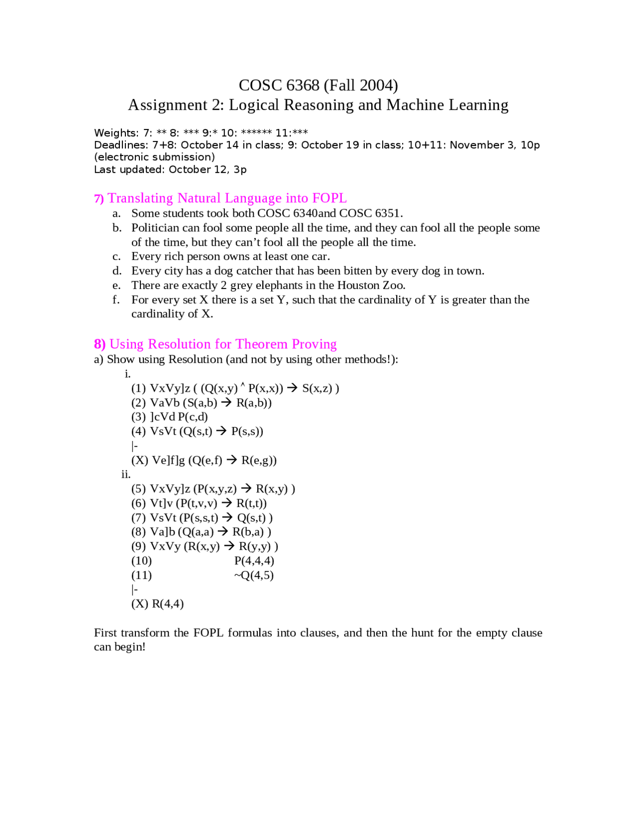 Logical Reasoning And Machine Learning Assignment 2 Cosc 6368 Docsity