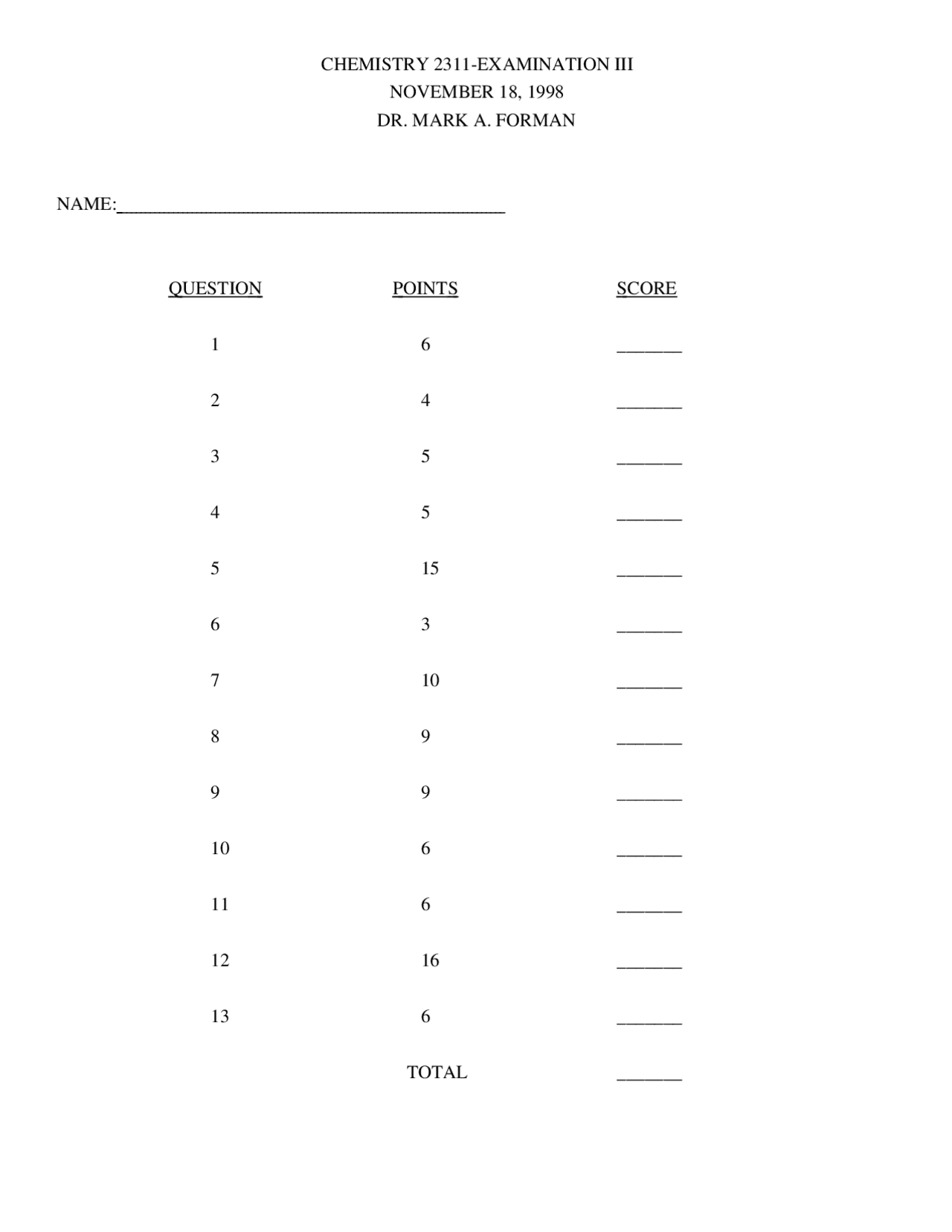 Exam Iii Questions For Organic Chemistry I Fall 1998 Chm 2311 Docsity