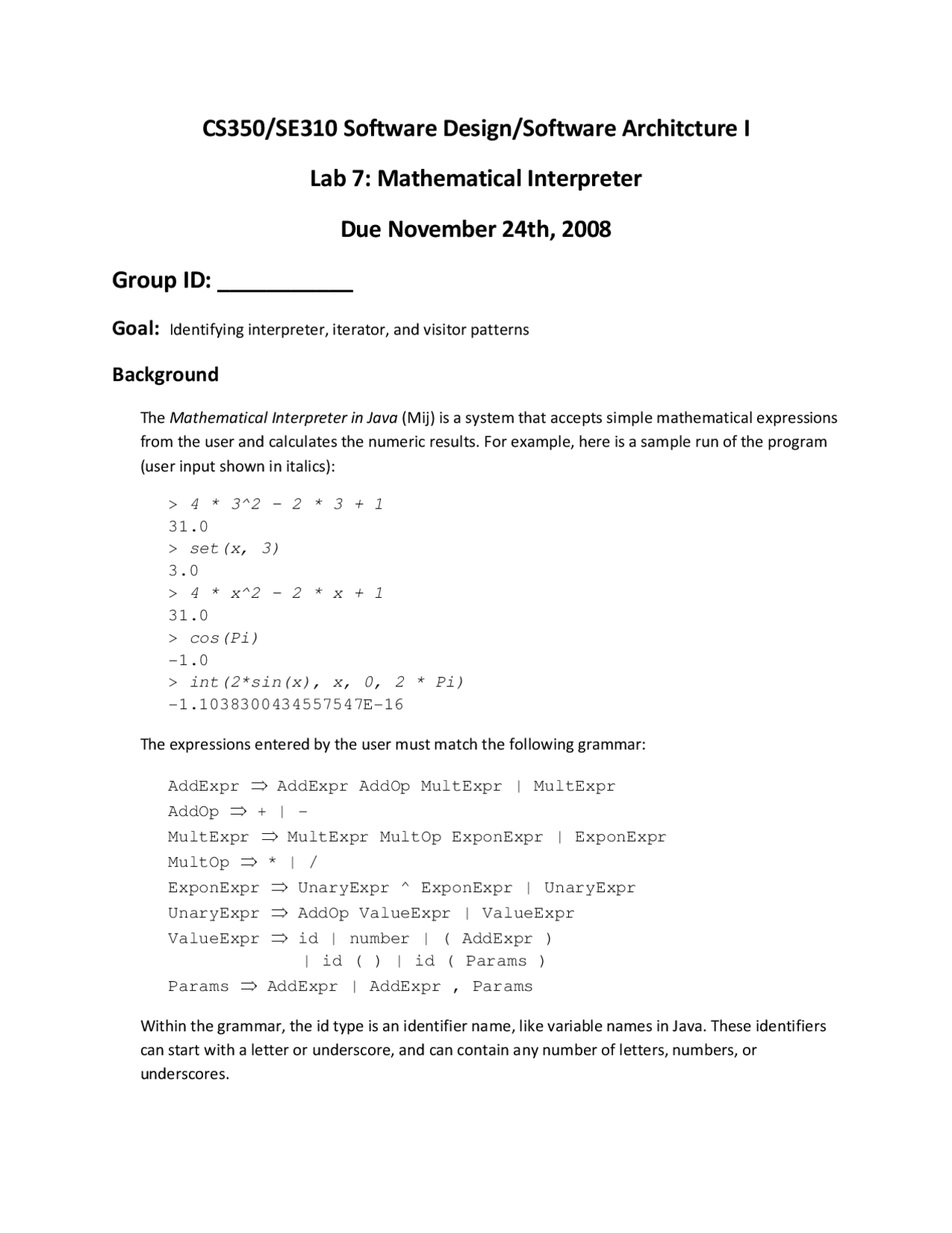 Mathematical Interpreter - Lab 7 | CS 350 - Docsity