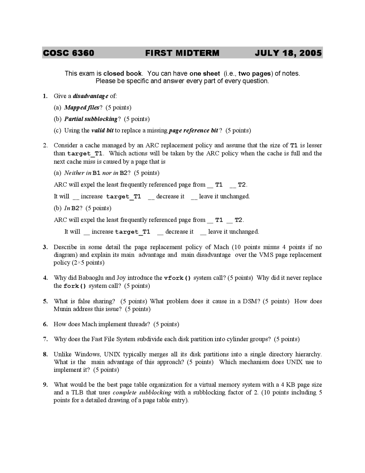 9 Problems On Virtual Memory System Midterm Exam Cosc 6360 Docsity