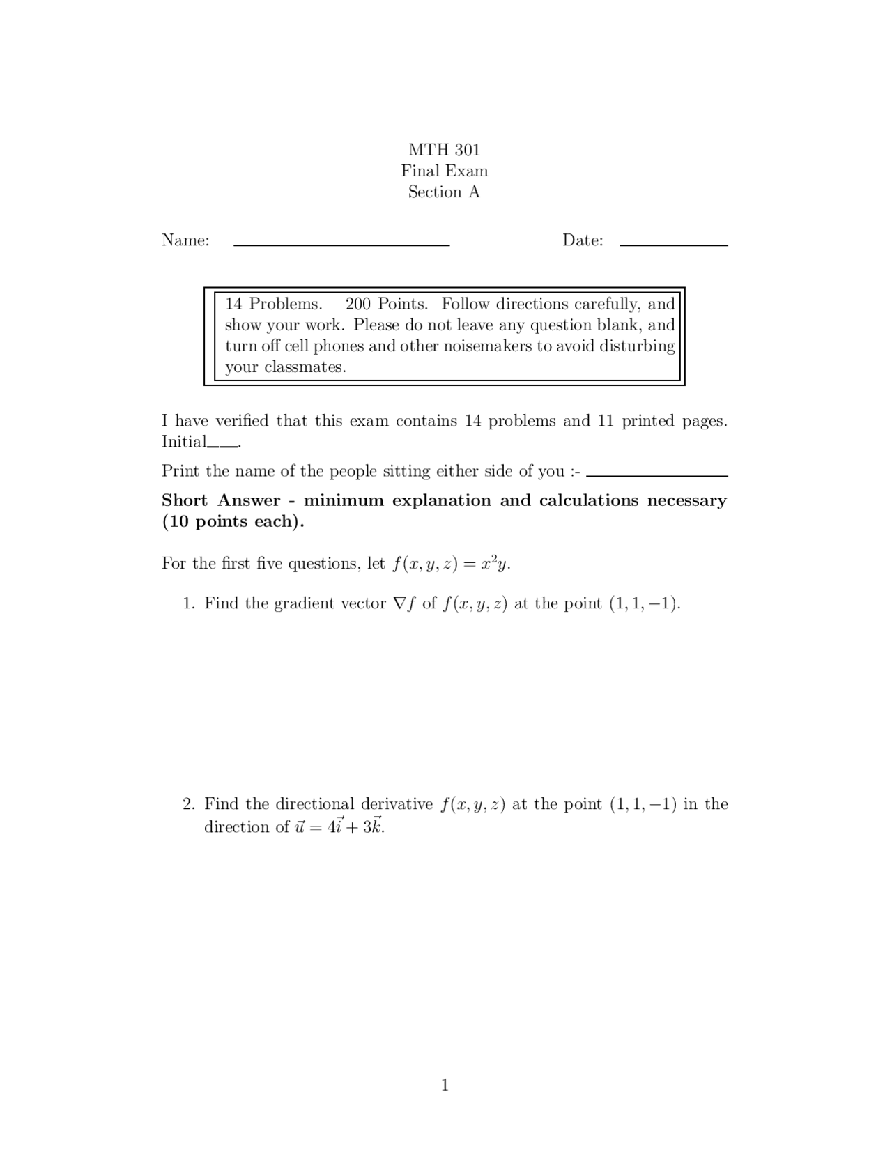 10 Questions For Final Exam A Vector Calculus Mth 301 Docsity