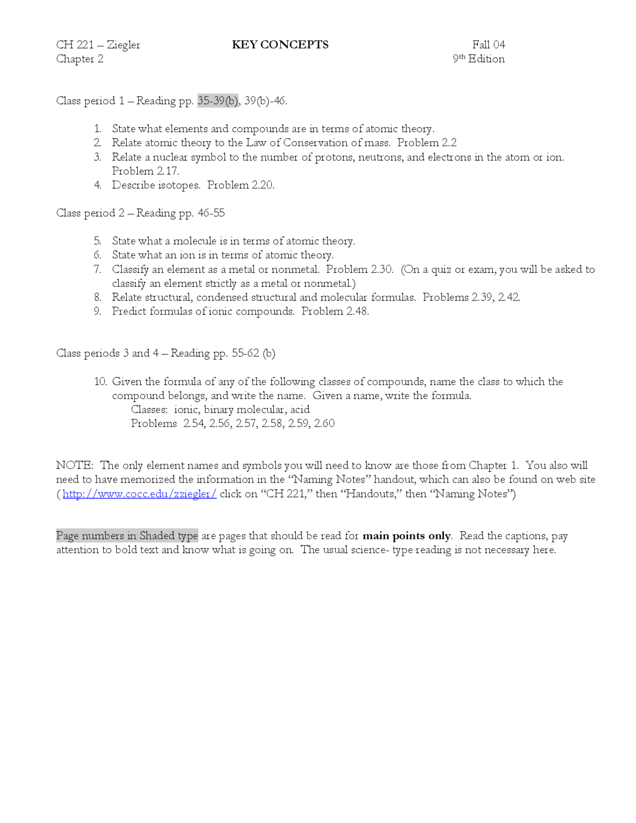 Chapter 2 Key Concepts General Chemistry I Ch 221 Docsity