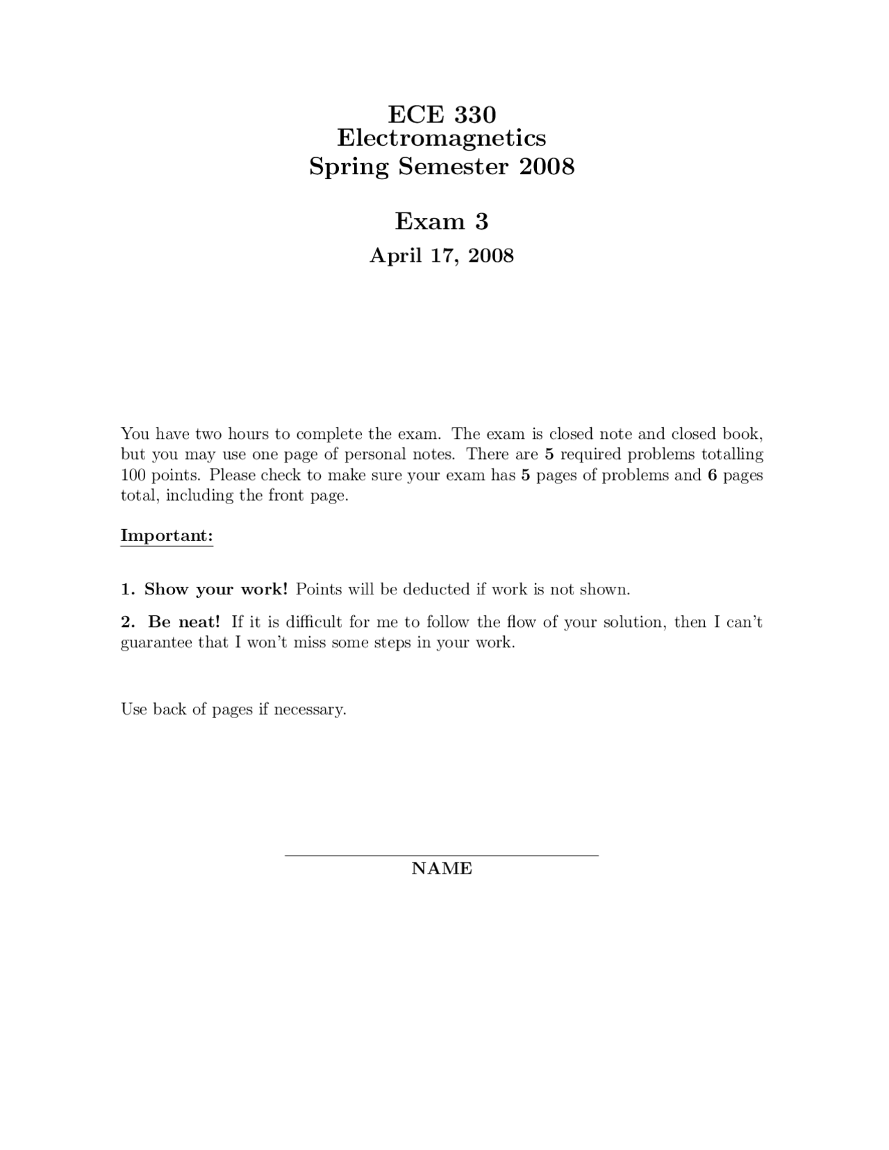 Practice Exam For Electromagnetic Theory Ece 330 Exams Electrical