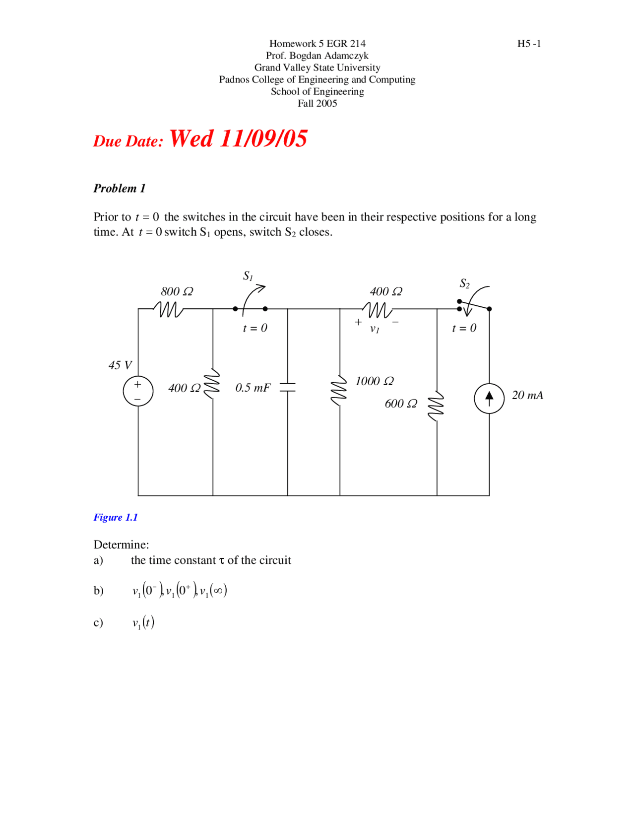 Solved Homework 5 Circuit Analysis I Egr 214 Docsity
