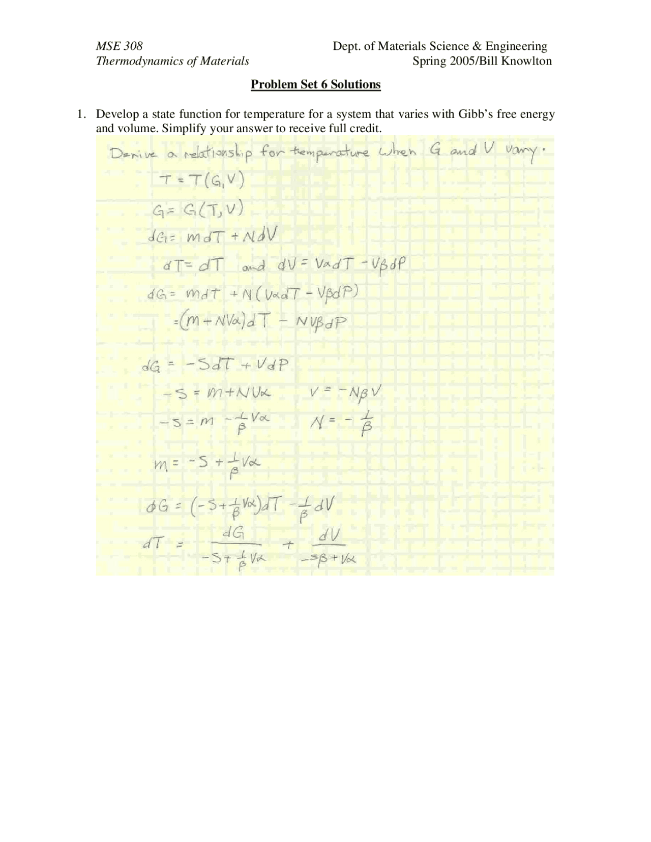 Thermodynamics Of Materials Problem Set 6 Solutions Mse 308 Docsity