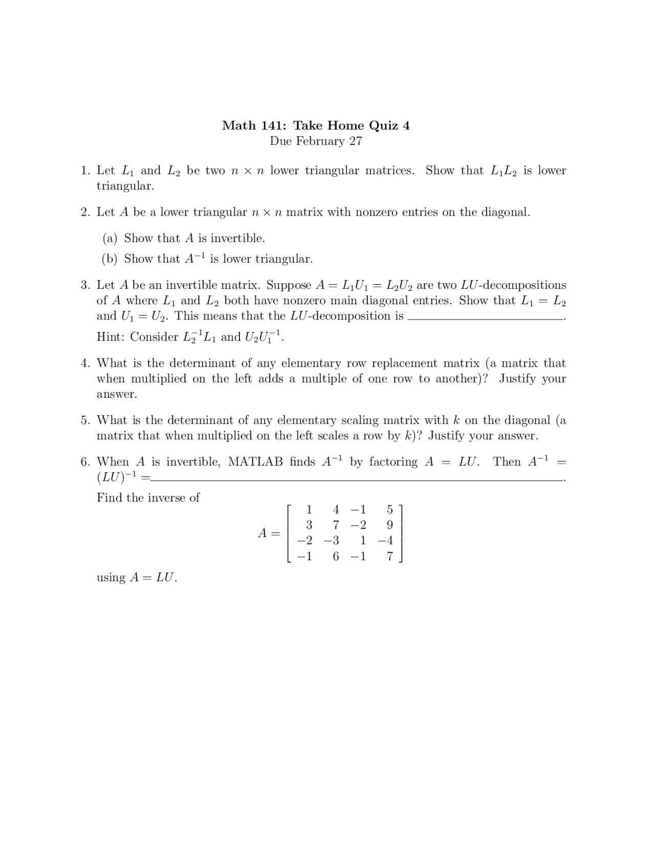 Take Home Quiz 4 Linear Algebra Math 141 Docsity