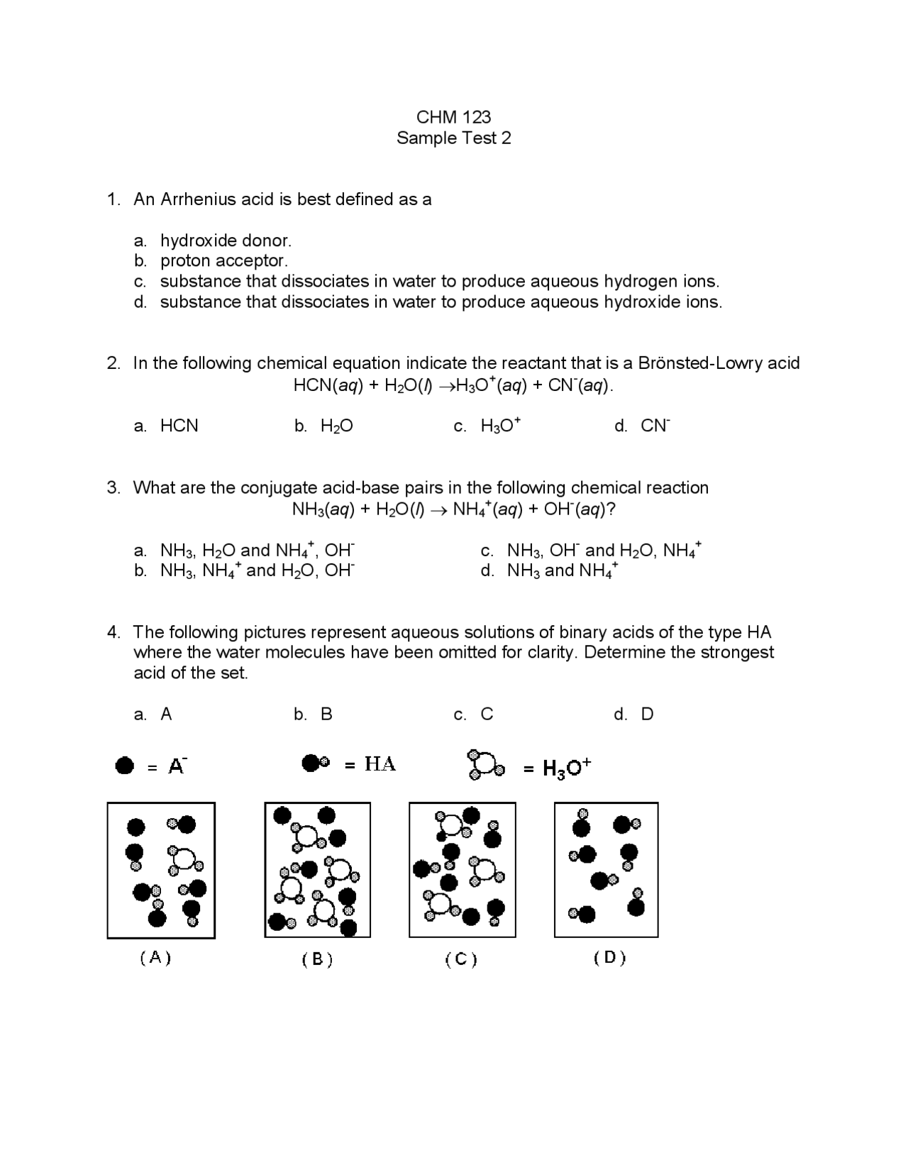 Sample Test 2 For General Chemistry 3 Chm 123 Exams Chemistry Docsity