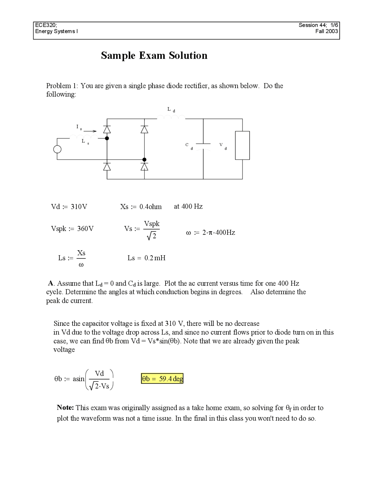 Sample Examination With Solutions Energy Systems I Ece 320 Docsity